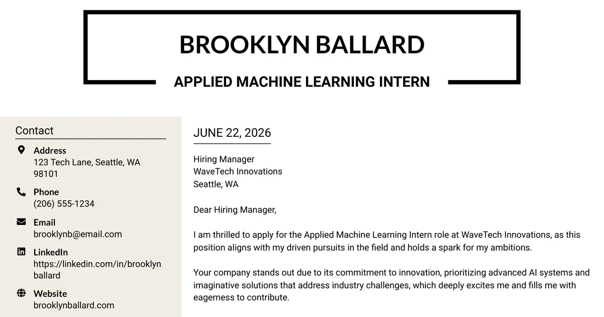 30+ Applied Machine Learning Intern Cover Letter Templates with Example
