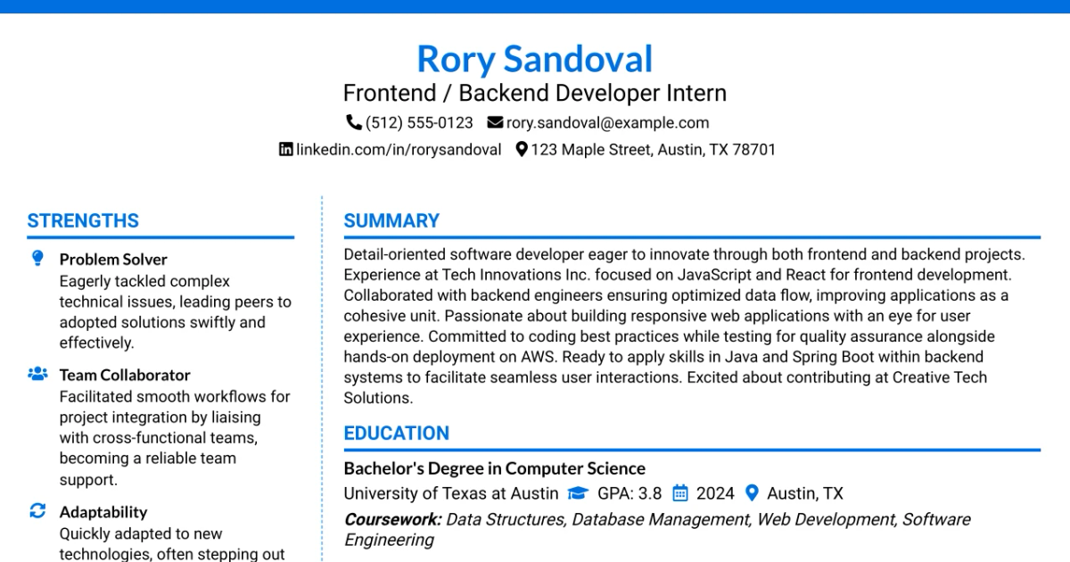 33 Frontend / Backend Developer Intern Resume Templates with Example
